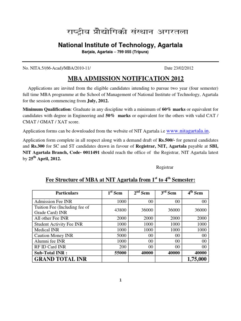 National Institute of Technology, Agartala: Fee Structure of MBA at NIT ...