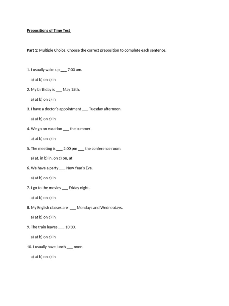 Prepositions of Time. Practice Test | PDF | Workweek And Weekend | Chess