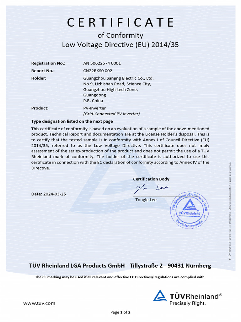 CE Certificate for PV Inverter Compliance | PDF | Regulation
