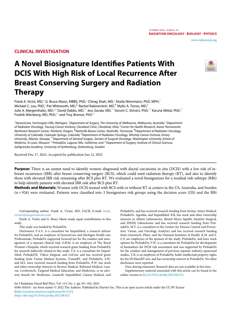 A Novel Biosignature Identifies Patients With DCIS | PDF | Biomarker ...