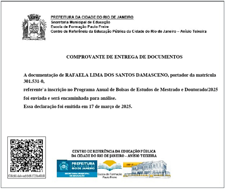 Programa Anual de Bolsas de Estudo de Mestrado e Doutorado 2025-Comprovante de Entrega de ...