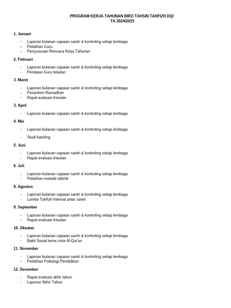 PROGRAM KERJA TAHUNAN BIRO TAHSIN TAHFIZH DQI | PDF