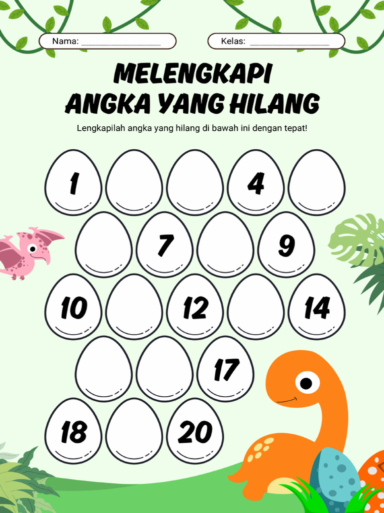 Melengkapi Angka Yang Hilang Lembar Kerja Hijau Dinosaurus Gaya Ilustratif Moderen | PDF