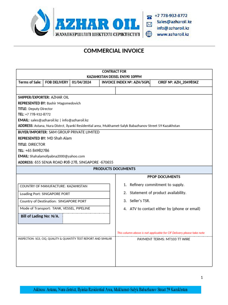 Commercial Invoice Azhar Oil Sam Group Private | PDF | Invoice