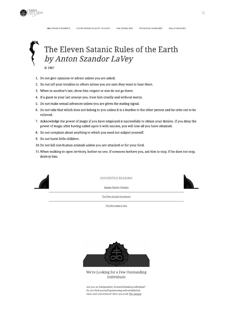 11 Satanic Rules of The Earth - Anton Lavey | PDF