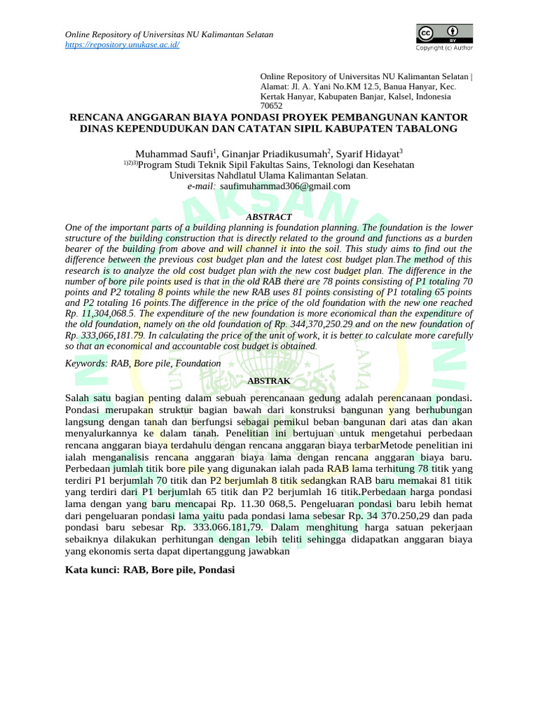 RAB Pondasi Proyek Dinas Tabalong | PDF