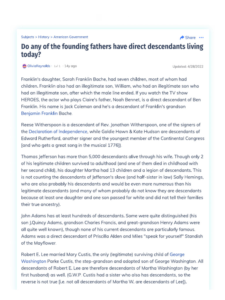 Founding Fathers Descendants | PDF