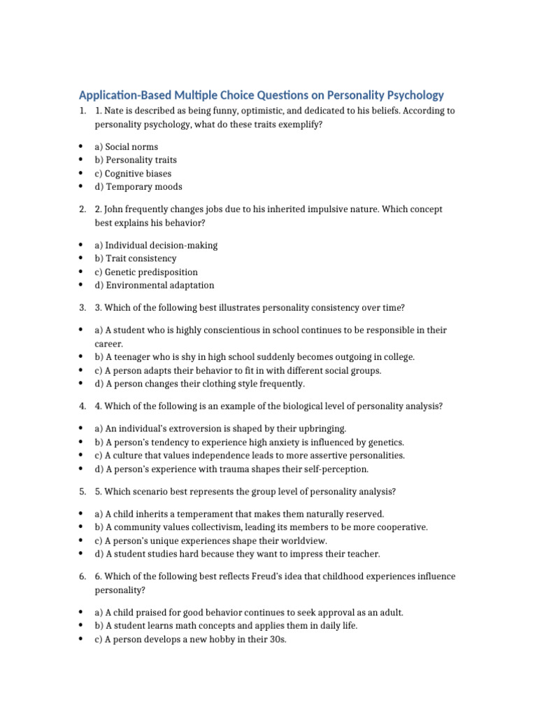 Multiple Choice Questions on Personality Psychology | PDF | Unconscious ...
