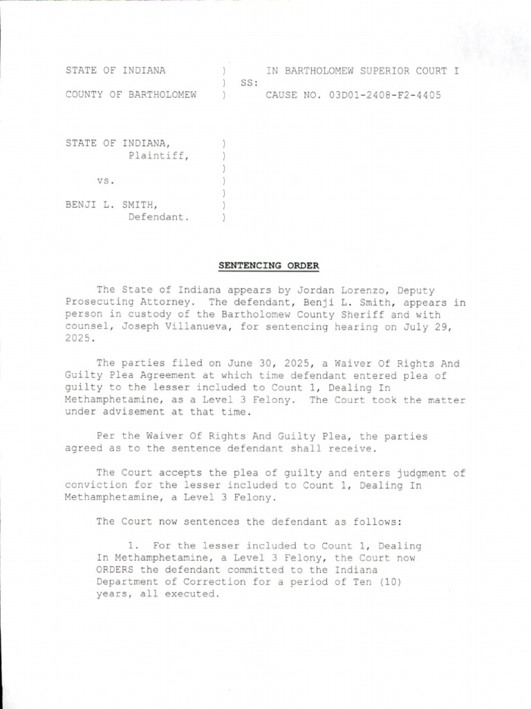 Indiana Sentencing Order for Benji L. Smith | PDF | Plea | Plea Bargain