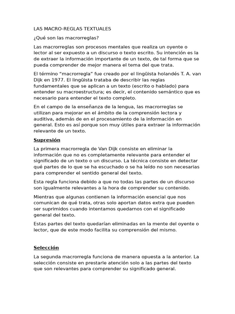 Macrorreglas Textuales | PDF | Comprensión lectora | Psicología cognitiva