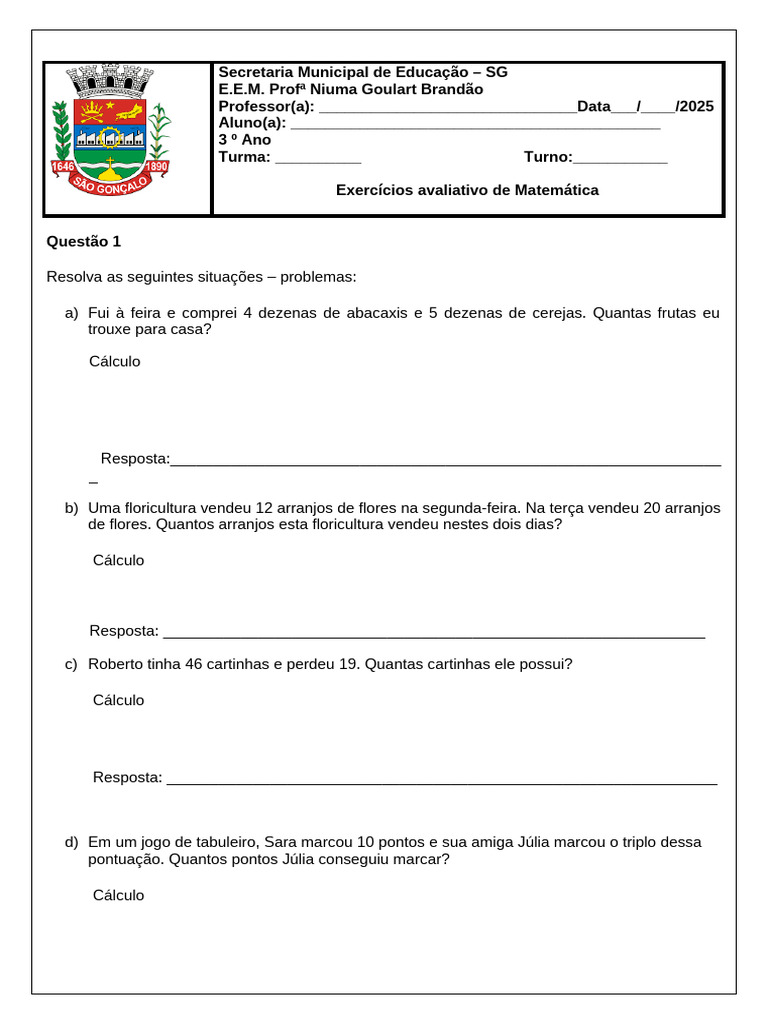 ExercÃ - Cio Avaliativo MatemÃ¡tica 2 Bimestre | PDF
