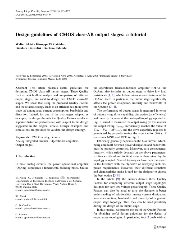 Design Guidelines of CMOS Class-AB Output Stages - A Tutorial ...