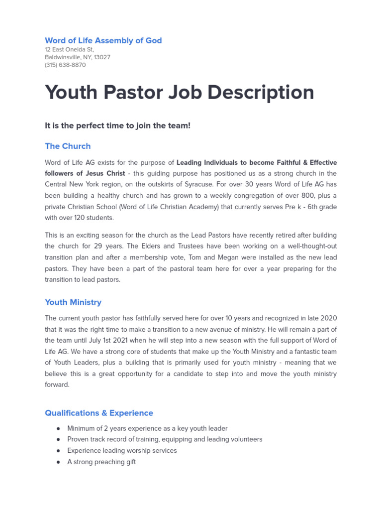 Youth Pastor Job Description at WOLAG | PDF | Pastor | Abrahamic Religions
