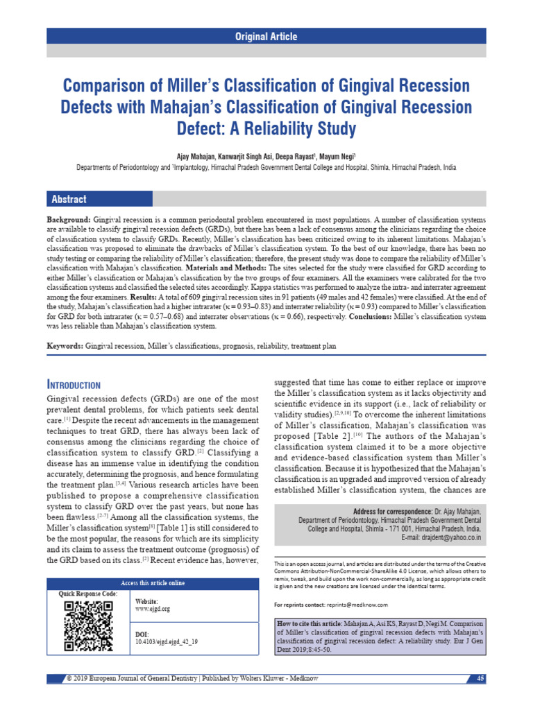 Ini-Prato G. The Miller Classification of Gingival Recession Limits and ...
