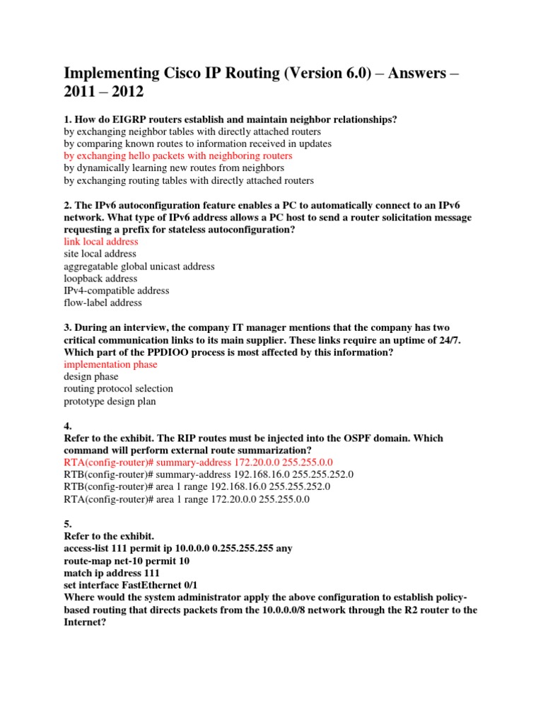 Implementing Cisco Ip Routing Version 60 Answers 2011 2012 Pdf Router Computing