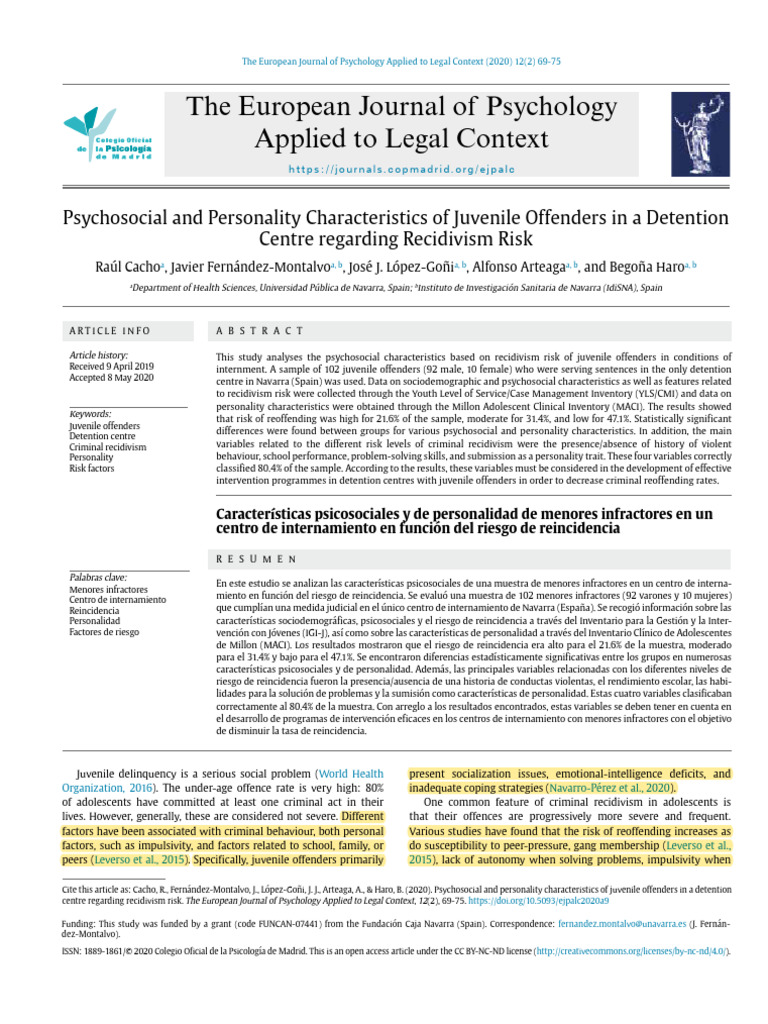 2020 Psychosocial and Personality Characteristics of Juvenile Offenders ...