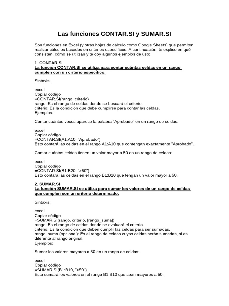 Funciones CONTAR.SI y SUMAR.SI en Excel | PDF