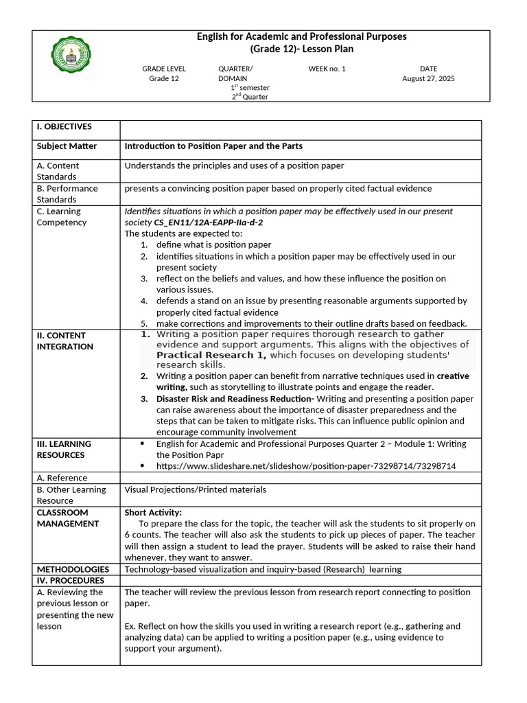 Position Paper Lesson Plan Overview | PDF | Argument | Teachers