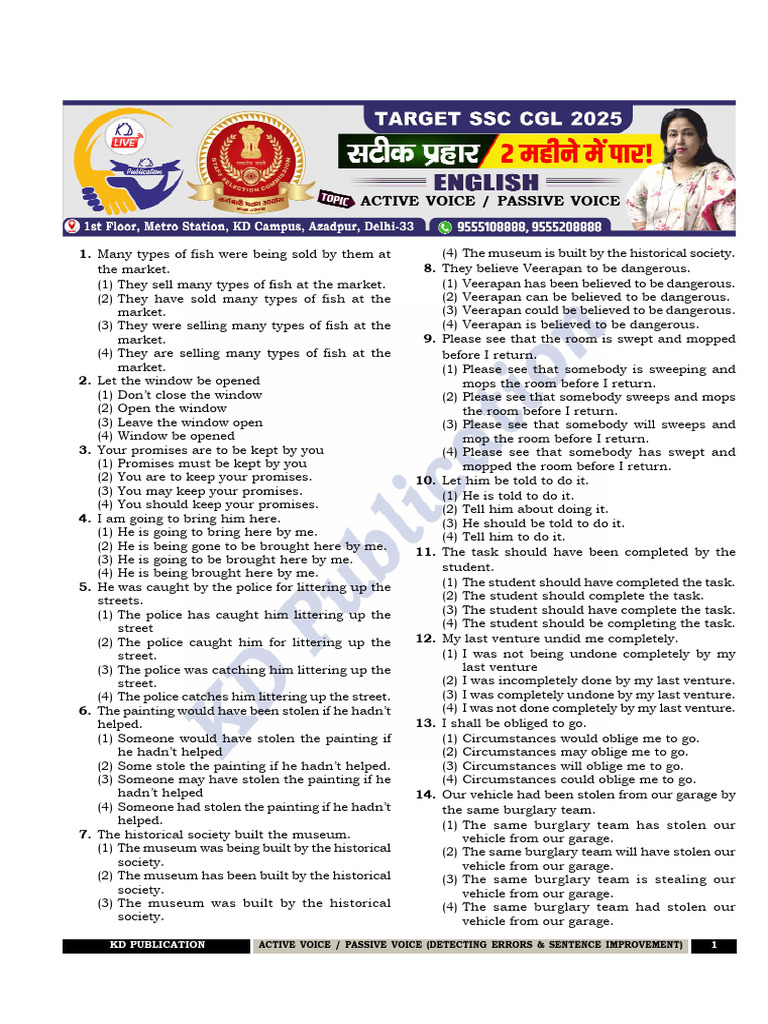 Voice Questions for SSC CGL Exam | PDF | Verb | Morphology