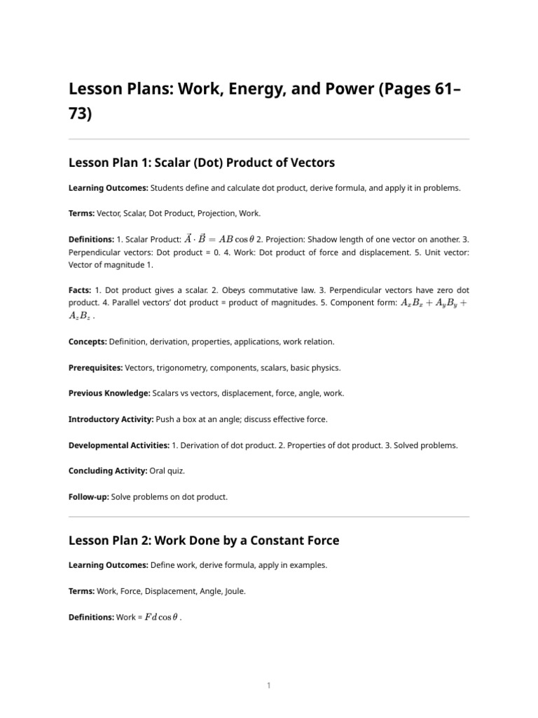 Work and Energy Lesson Plans for Class 12 | PDF | Collision | Euclidean Vector