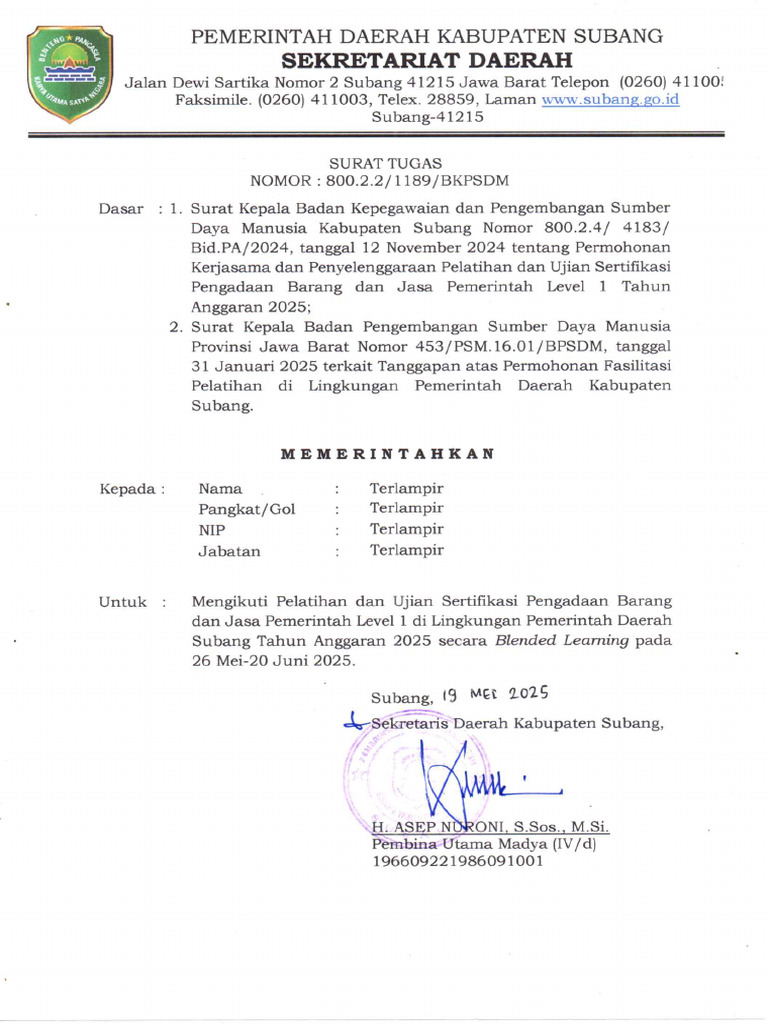 Surat Tugas - Pelatihan Barjas Level 1 | PDF