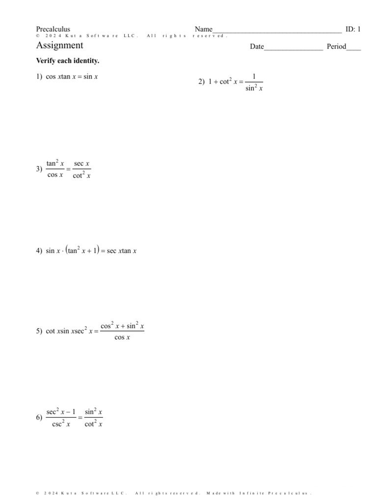 Verifying Trigonometric Identities Worksheet | PDF