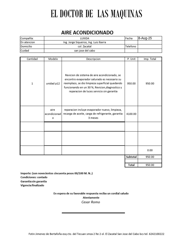 P 12 Revicion Reparacion y Cotizacion Aire Acondicionado y Luces | PDF