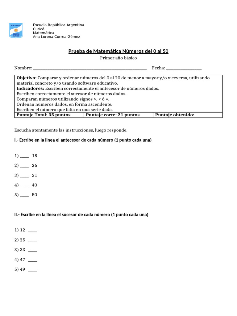 Prueba de Matemática: Números 0-50 | PDF