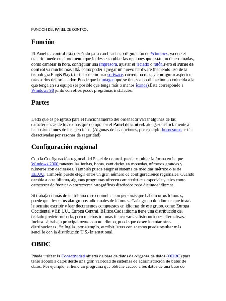 FUNCION DEL PANEL DE CONTROL Del Sexto Semestre | PDF | Windows 10 | Windows 2000