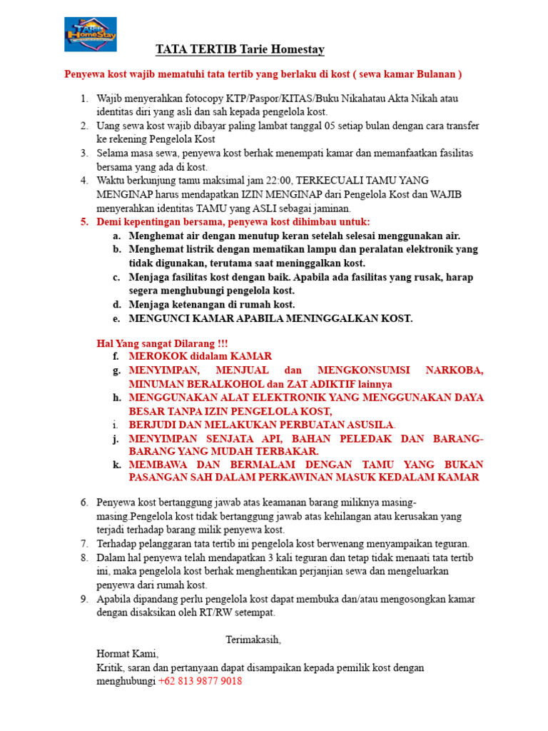 Tata Tertib Penyewa Tarie Homestay | PDF