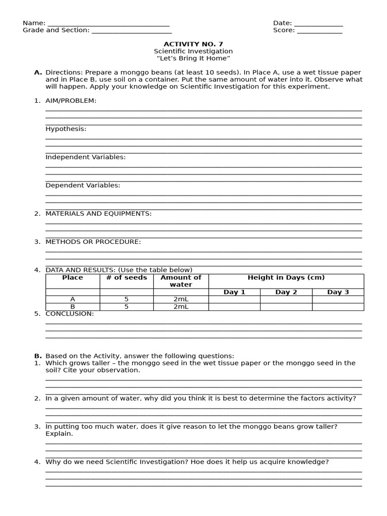 Activity 7 Scientific Method Pdf Scientific Method Experiment 7394