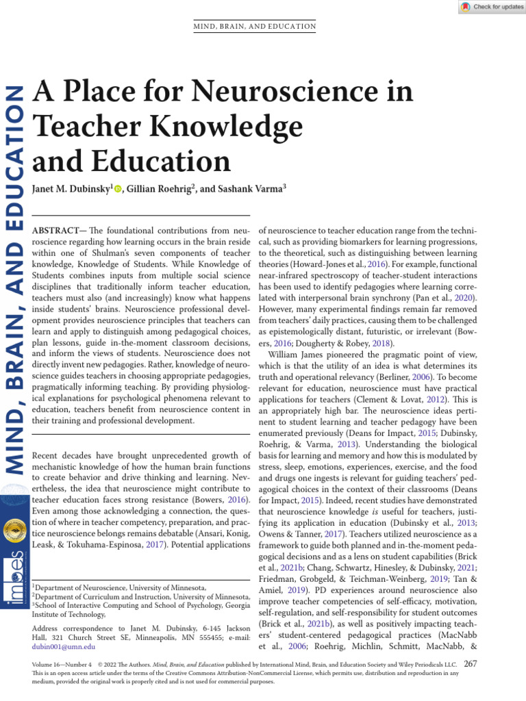 A Place For Neuroscience in Teacher Knowledge and Education | PDF ...