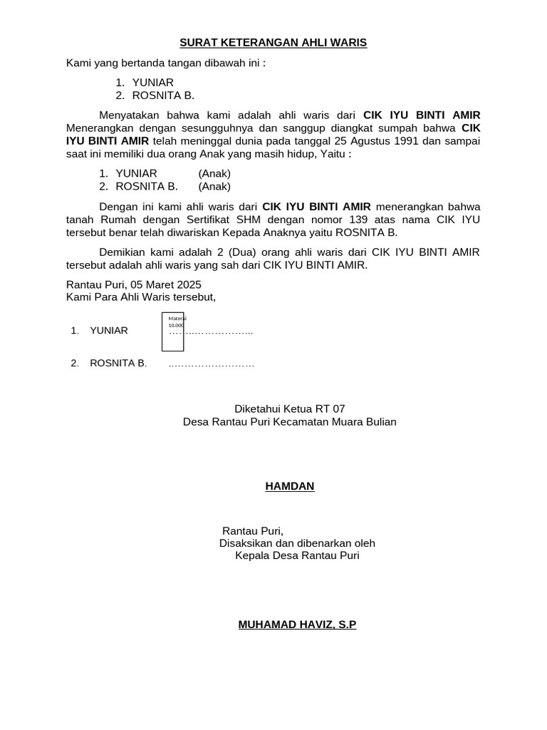 Surat Keterangan Ahli Waris Cek Doni | PDF