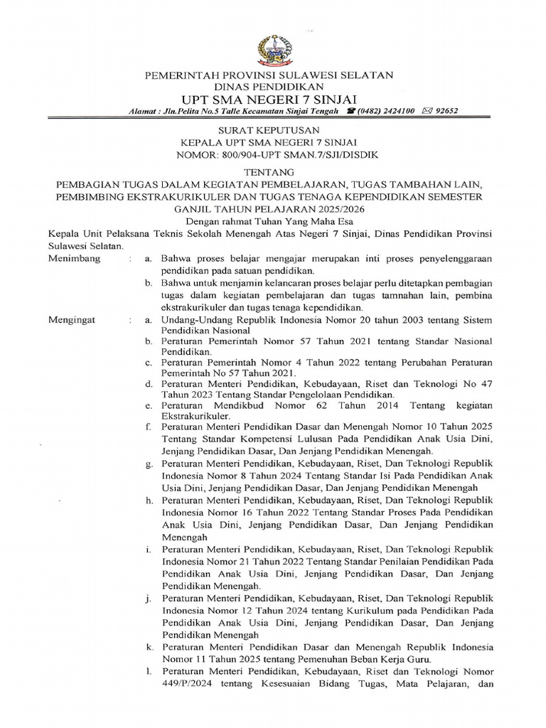 SK Pembagian Tugas Ganjil Tp. 2025-2026 | PDF