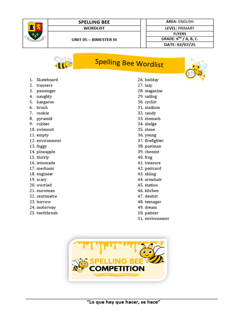 Spelling Bee - Flyers Wordlist | PDF