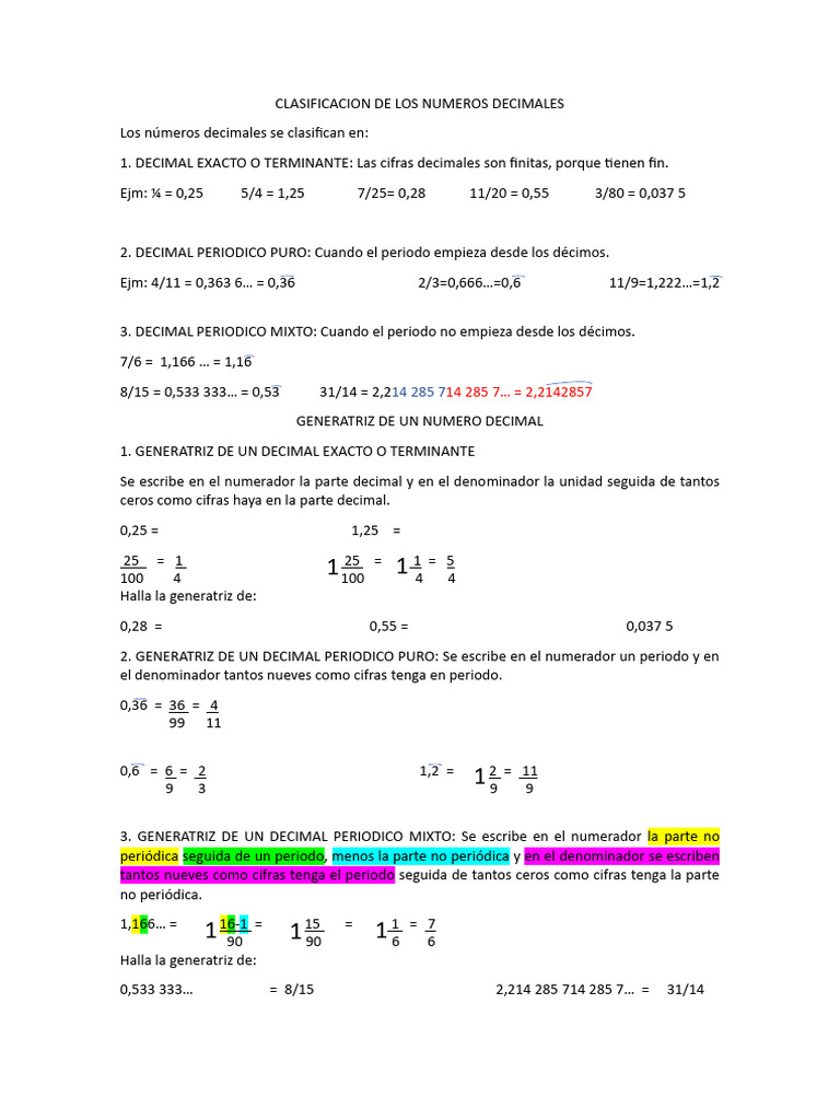 Clasificación de Números Decimales | PDF