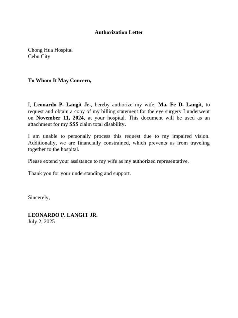 Authorization Letter for Billing Statement | PDF