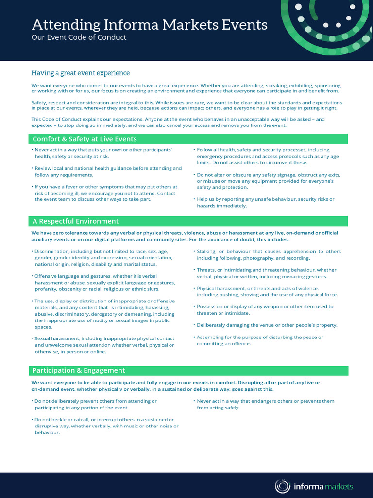 Informa Markets Events Code of Conduct | PDF | Harassment | Social Policy