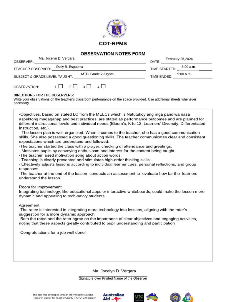 Teacher Observation Notes Template | PDF | Teachers | Differentiated ...