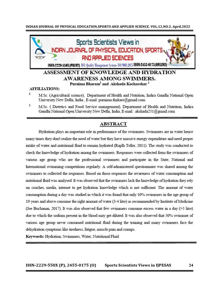 Swimmer Hydration Knowledge Assessment | PDF | Dehydration | Electrolyte