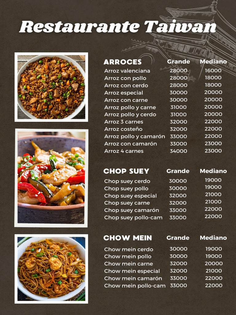 Menú del Restaurante Taiwan | PDF | Alimentos preparados | Platos con carne