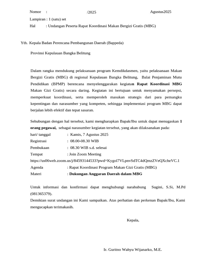 Surat Permohonan Narsum MBG-Bappeda Prov | PDF