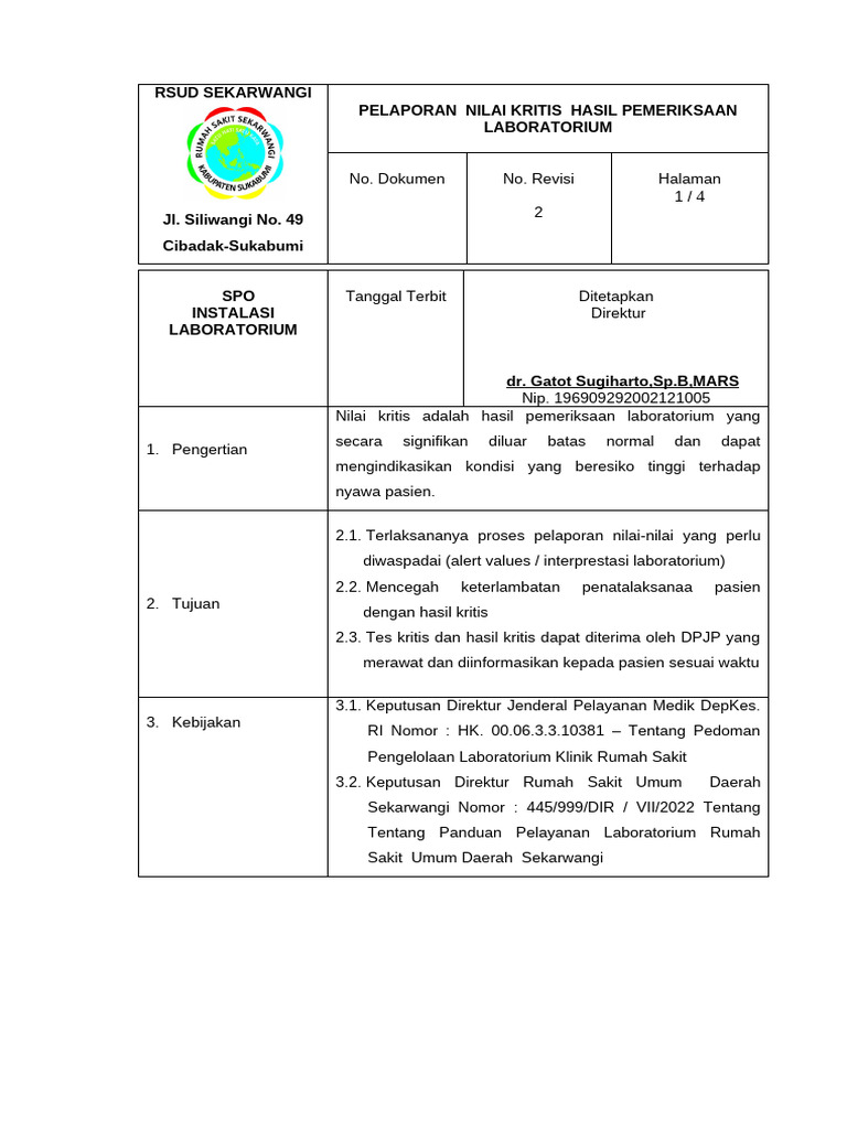 001 - Pelaporan Nilai Kritis Hasil Pemeriksaan Lab - 15 | PDF