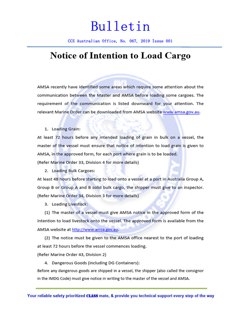 Bulletin From CCS Australian Office-No.067E Notice of Intention To Load ...