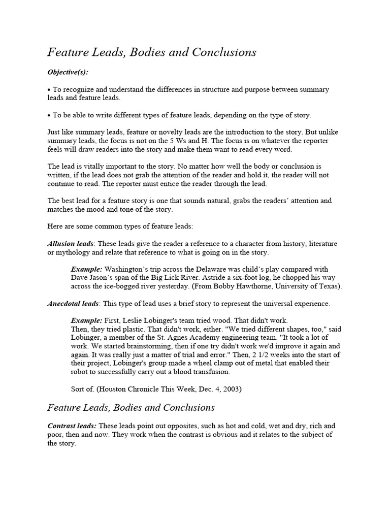 Feature Leads, Bodies and Conclusions - Meeting 6 | PDF | Narration