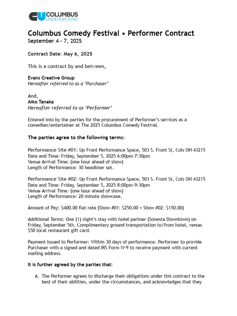 Comedian Contract for Columbus Festival | PDF