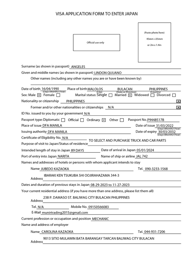 Japan Visa Application Form Details | PDF | Travel Visa | Passport