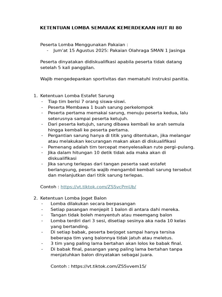 Ketentuan Lomba HUT RI 80 di SMAN 1 Jasinga | PDF