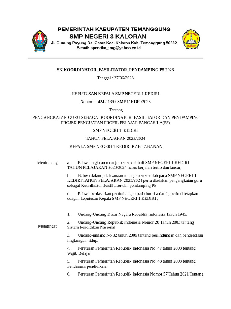 Pengangkatan Koordinator P5 SMP Kediri | PDF