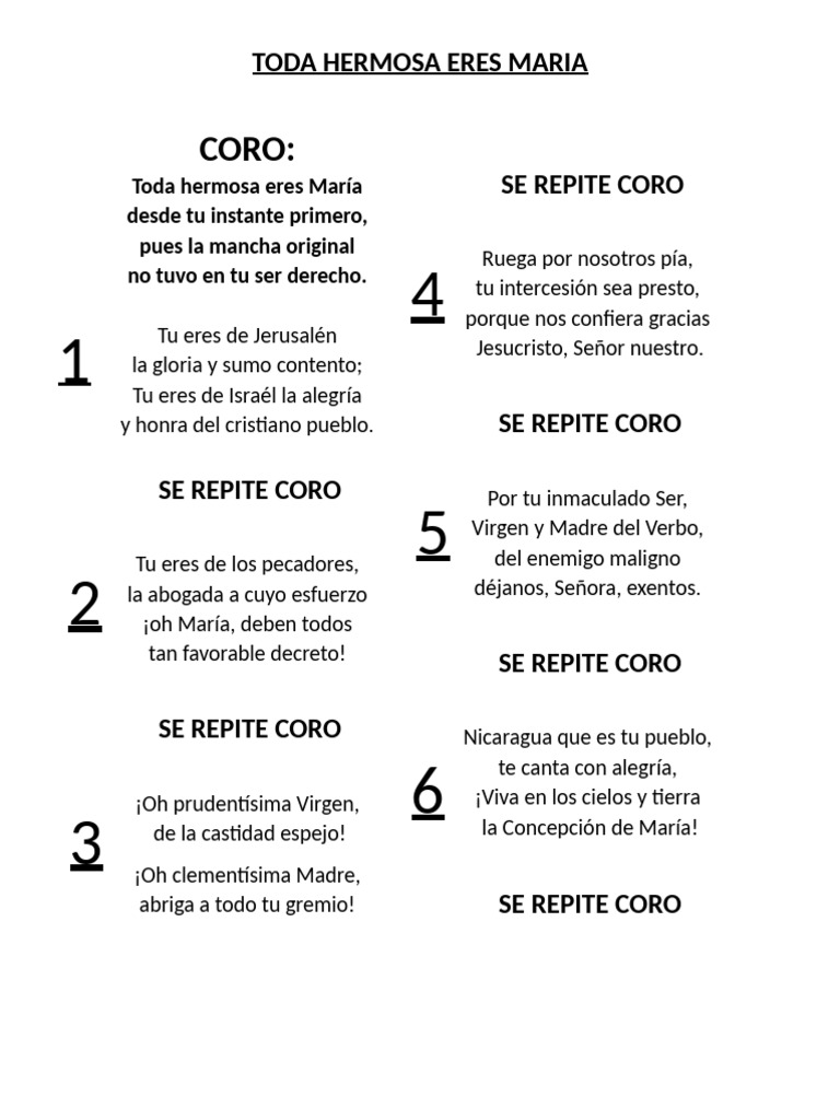 Toda hermosa eres María: Letra y coro | PDF